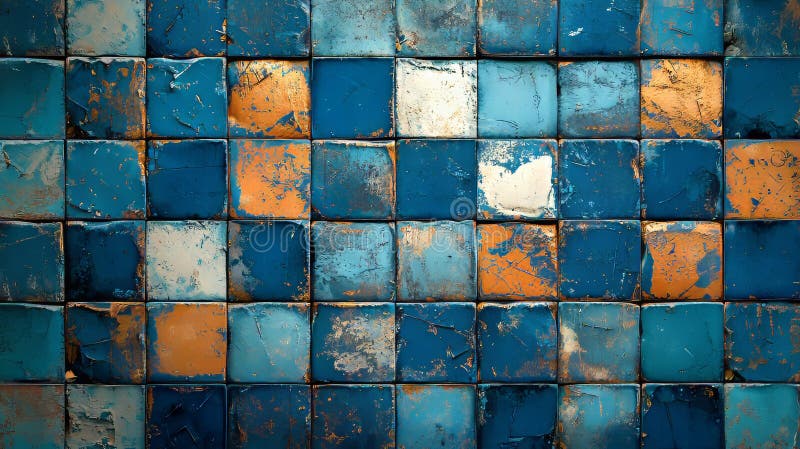 In a Grid Pattern, Blue and Orange Tiles are Arranged in a Rustic Style ...