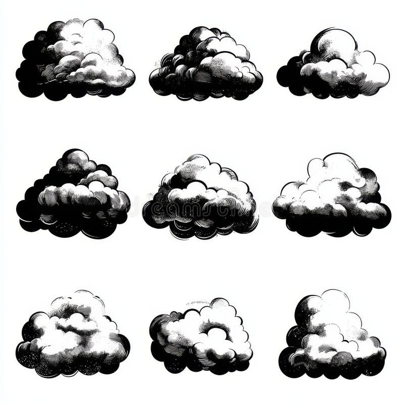 In a Grid Pattern, Various Stylized Cloud Designs Have Been Carefully ...