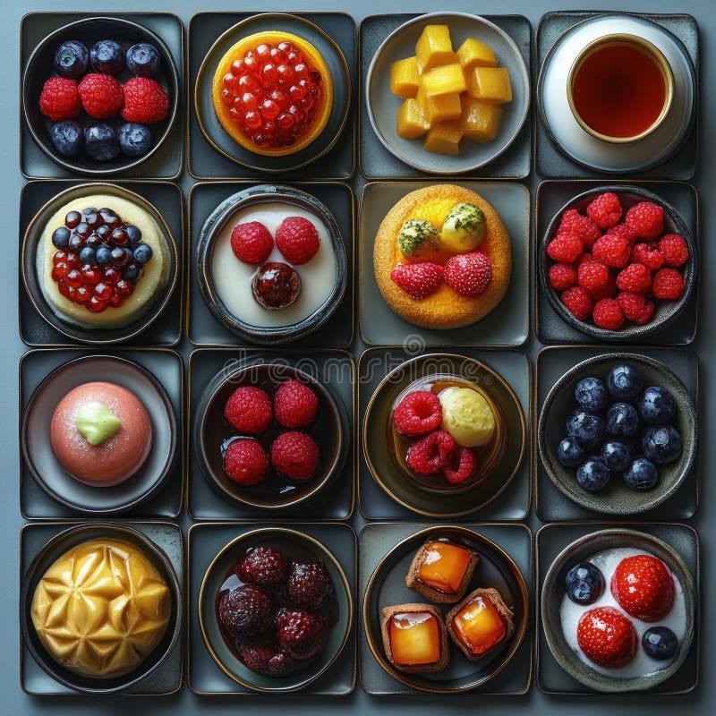 A Grid of 16 Small Plates with Various Fruits and Desserts Arranged in ...