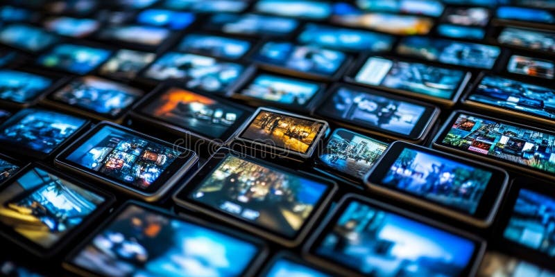 Grid of Smartphone, Tablet, and Display Screens Playing the Identical ...