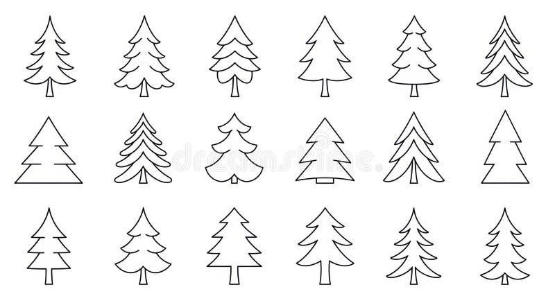 Collection of Festive Fir Trees Stylized with Outline Dots and Dashes ...