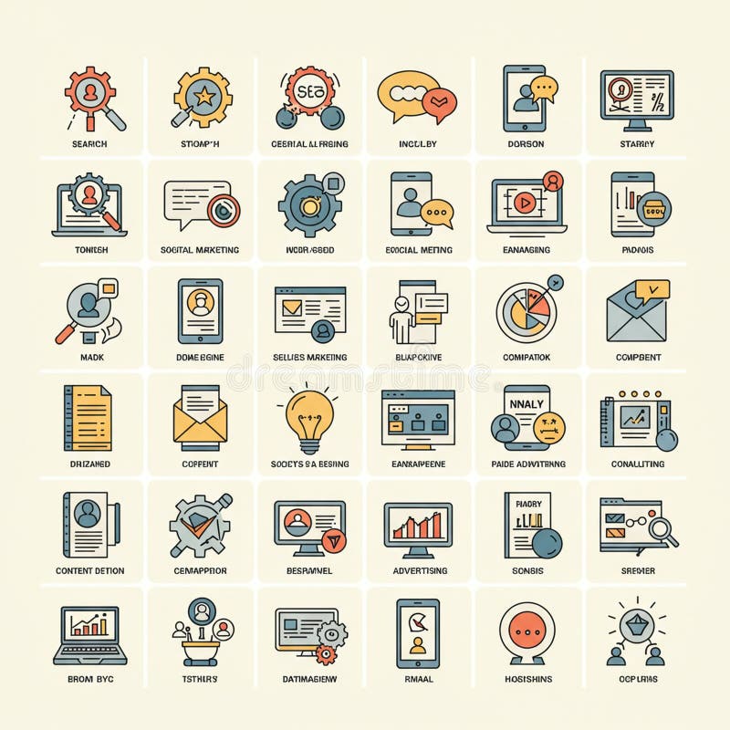 Grid of Stylized Icons Representing Various Digital Marketing and ...
