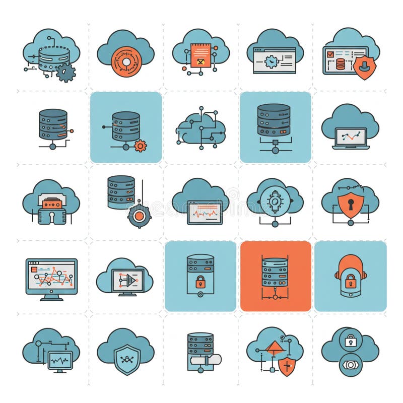 Grid of Technology-themed Icons Depicting Cloud Computing and Data Security. Icons Stock ...