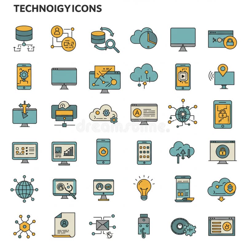 A Grid of Technology-themed Icons in a Flat Design Style. Icons Include ...