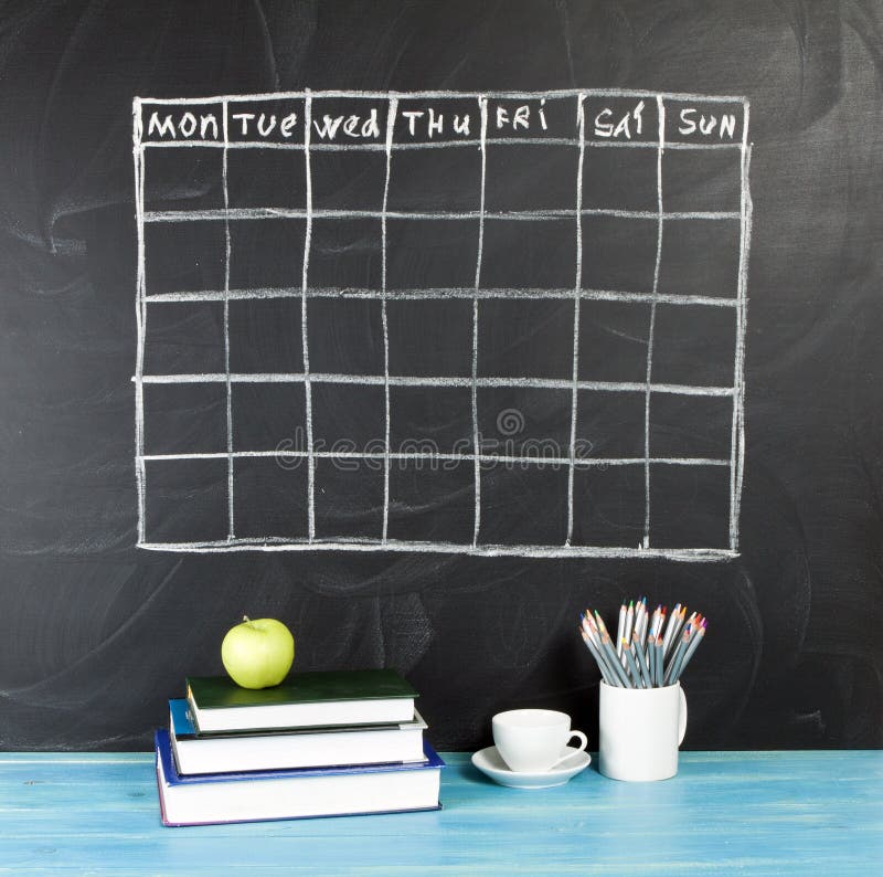 Grid Timetable Schedule On Black Chalkboard Background. Stock Image ...