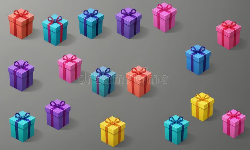 Grid Twelve Gift Boxes in Various Colors and Shapes, Arranged in 3x4 ...