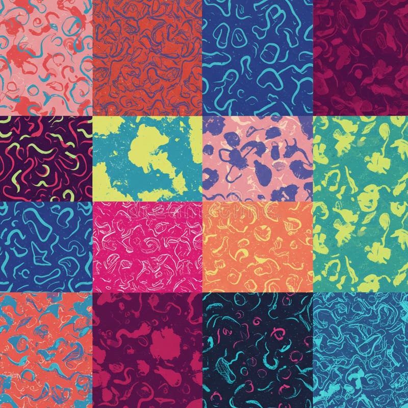 A Grid of Twelve Square Patterns Features Abstract Designs in Vibrant ...