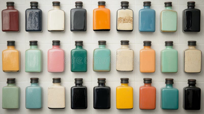 Array of Colorful Glass Bottles Arranged in a Grid on a Neutral ...