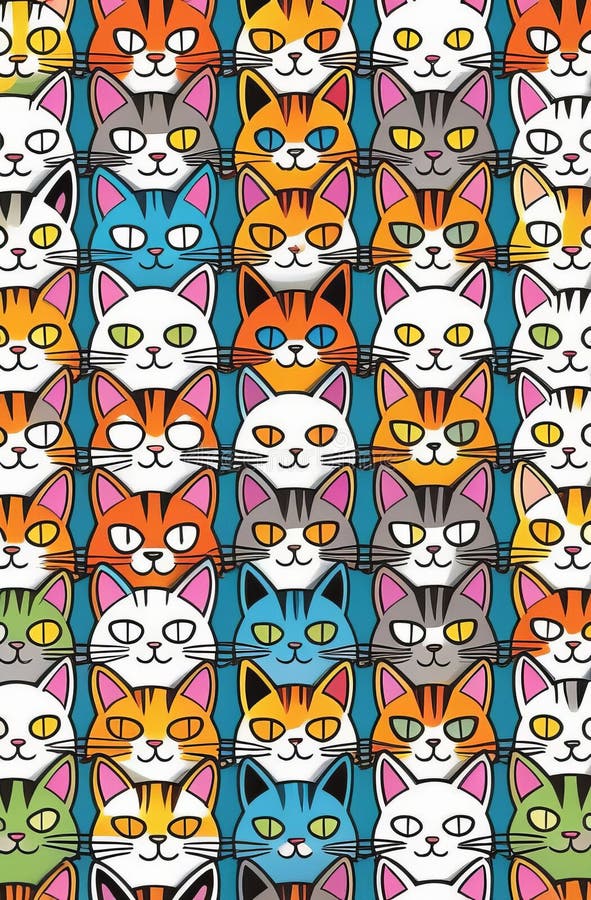 A Grid of Vibrant Cartoon Cat Faces with Expressive Features Stock ...