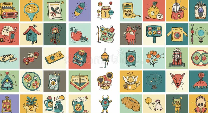 A Grid of Whimsical, Cartoon-style Illustrations Featuring a Variety of ...
