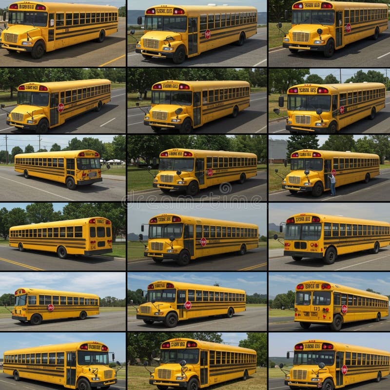 A Grid of Yellow School Buses, Each Positioned Differently, Showcasing ...