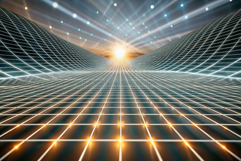 Gridded Path To Sunrise, Futuristic Landscape Stock Illustration ...