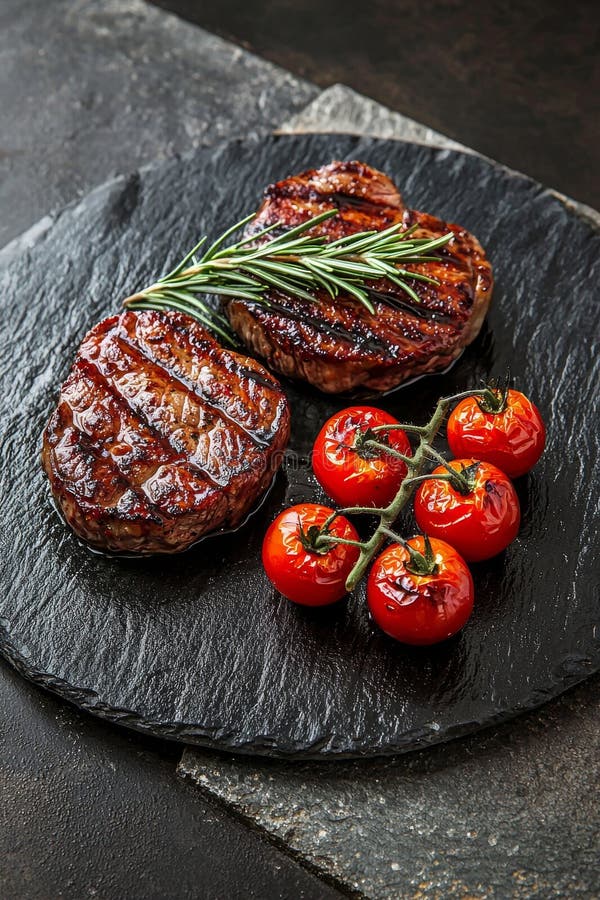 Griddled Steak Garnished with Rosemary and Pepper on a Slate Platter ...
