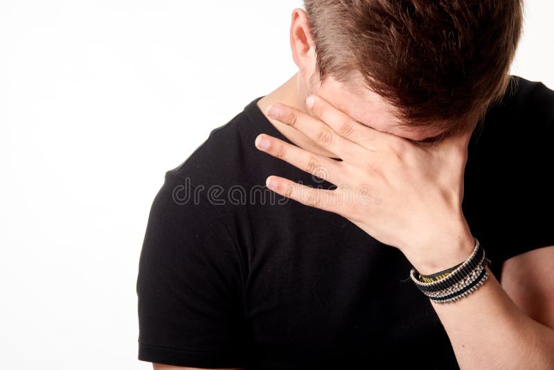 Grief Stricken Young Man with Light Beard, Holding Temples,isolated on ...