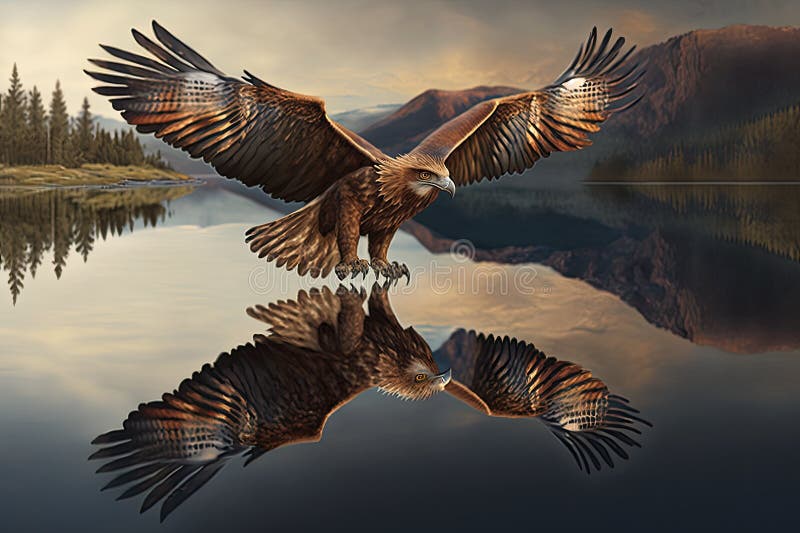Griffin Flying Over Tranquil Lake, with Reflection Visible Stock ...