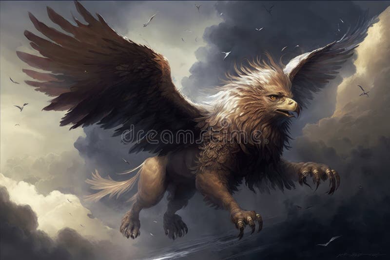 A Griffin Soaring through the Clouds, with Its Wings Spread Wide Stock ...
