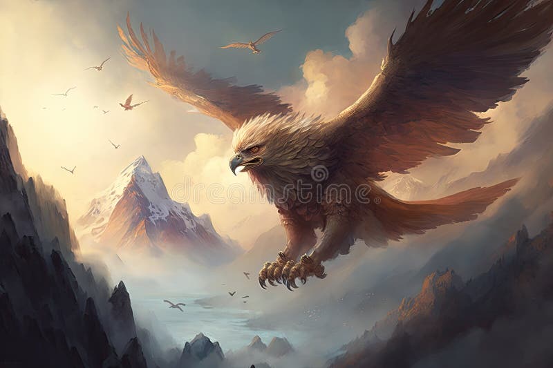 Griffin Soaring through the Clouds, with View of Majestic Mountain ...