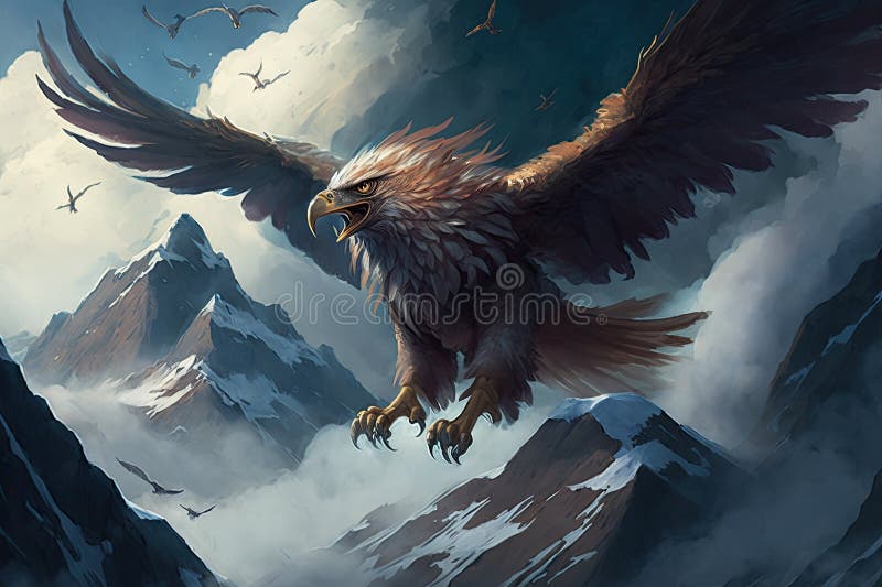 Griffin Soaring through the Clouds, with View of Majestic Mountain ...