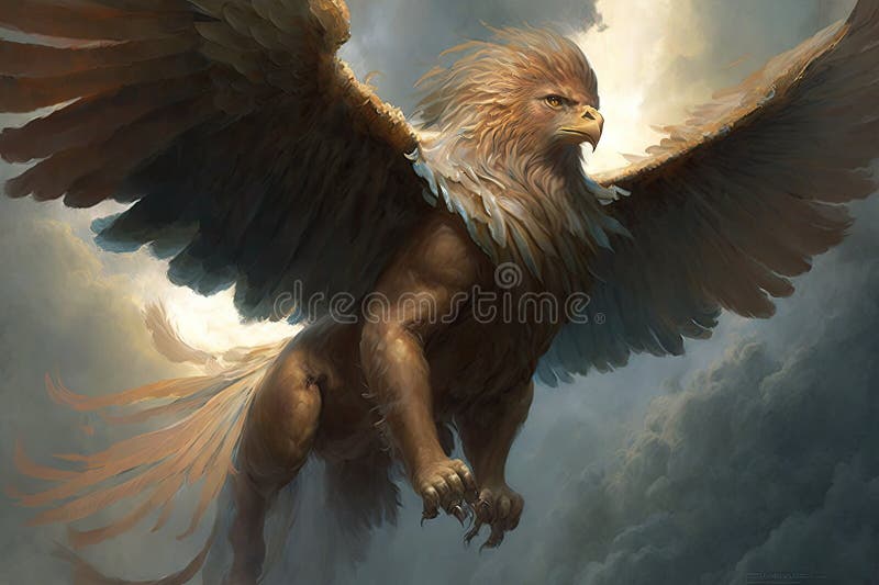Griffin Soaring through the Clouds, Wings Spread Wide Stock Photo ...