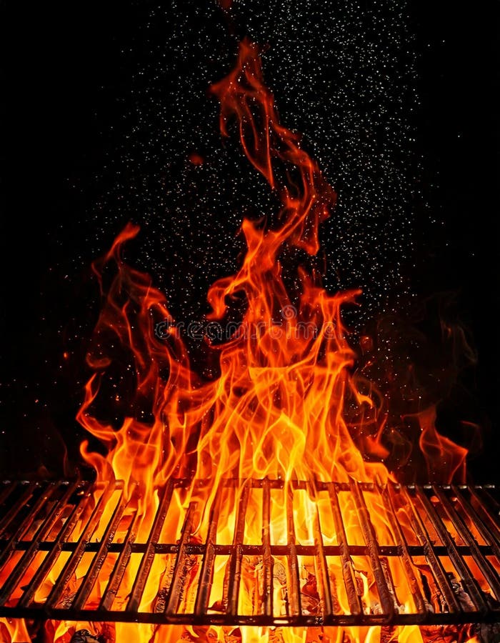 Empty Barbecue BBQ Grill with Flaming Fire and Ember Charcoal on Black ...