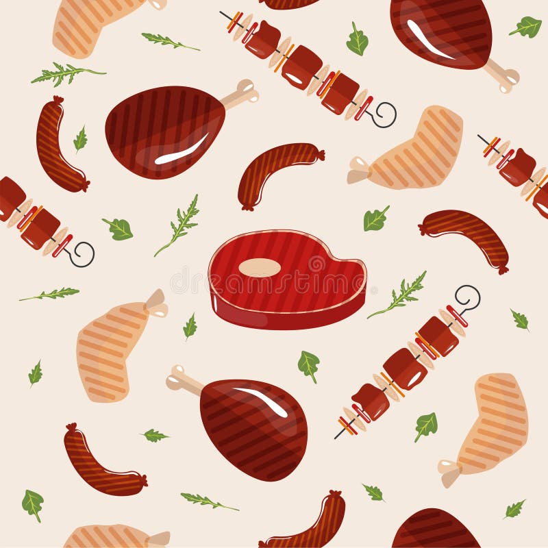 Grill Barbecue Meat Seamless Pattern Stock Vector - Illustration of ...