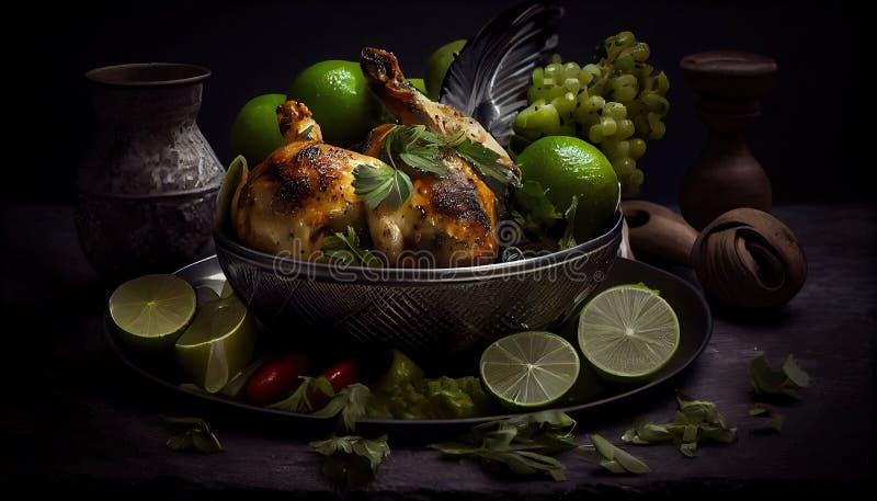 Grill Chicken Whith Lemon and Grapes on Foody Theme Background AI ...