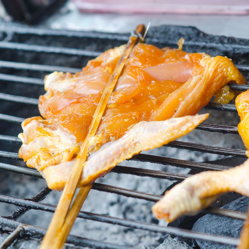 The Is Grill Chiken Sticks On The Grid With Smoke,Fried Meet,Cooking ...