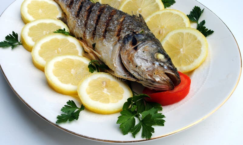 Grill Cooked Fish with Lemon Slices Stock Photo - Image of lighter ...