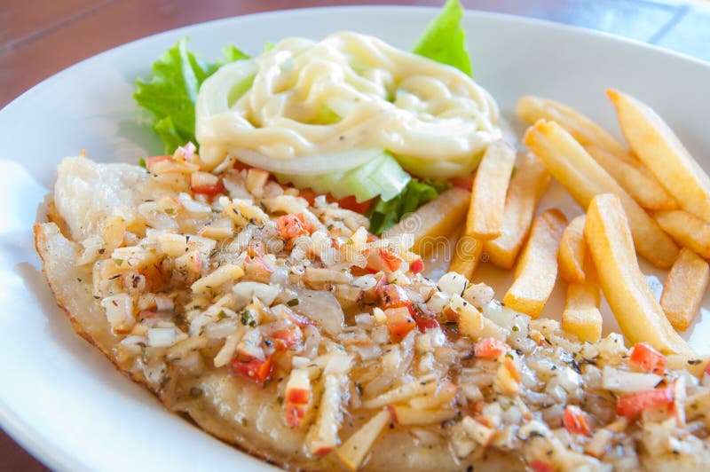 Grill Fish with Apple Sauce and Slad Stock Image - Image of salad ...