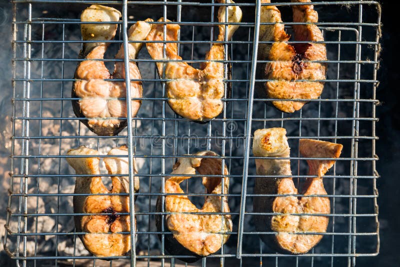 Grill the Fish on the Fire. Salmon Stock Photo - Image of grilled, diet ...