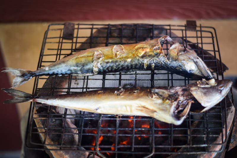 Grill Fish with Fire and Smoke Stock Image - Image of lunch, iron ...