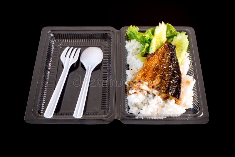 Grill Fish on Rice in Plastic Box, Take Home Food Stock Image - Image ...