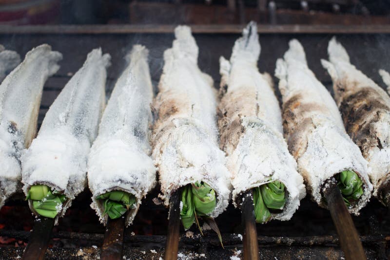 Grill Fish with Salt on Iron Rack Outdoor Hot Fire Stock Photo - Image ...