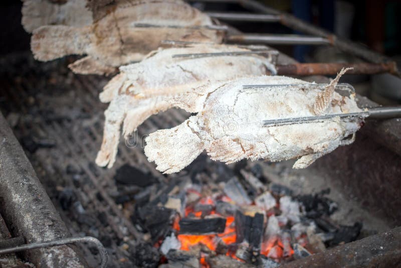Grill Fish with Salt on Iron Rack Outdoor Hot Fire Stock Photo - Image ...