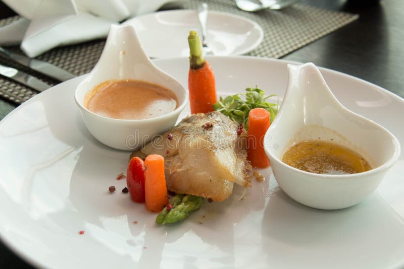 Grill a Fish with Vegetable and Sauce Stock Image - Image of white ...