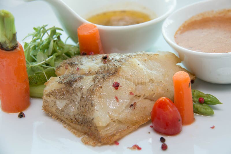 Grill a Fish with Vegetable and Sauce Stock Photo - Image of vegetable ...