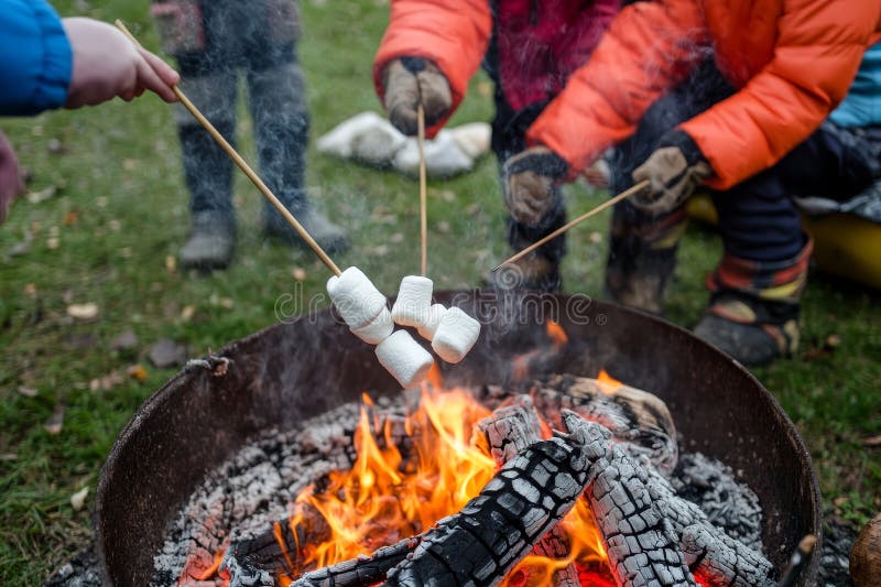 In a Grill, Friends Roast Marshmallows Over a Fire Stock Photo - Image ...