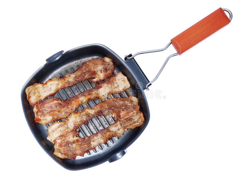 Grill Frying Pan with Cooked Bacon Rashers on White Background Stock ...