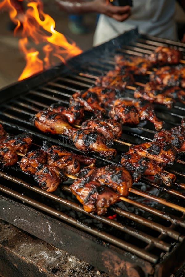 A Grill Full of Meat is Cooking on a Fire Stock Image - Image of ...