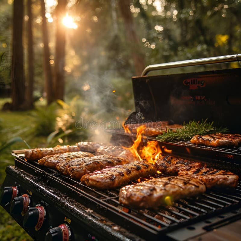 A Grill that Has Various Meats on it while the Sun is Setting in the ...
