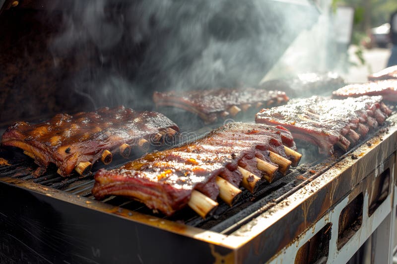 Grill Master Cooking Ribs at a Smokefilled Bbq Stand Stock Photo ...
