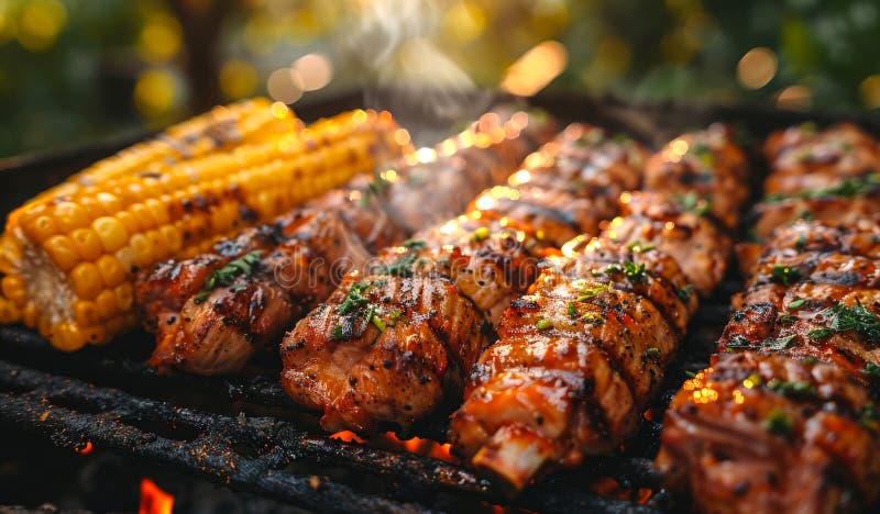 A Grill with Meat and Corn on it. the Corn is Slightly Burnt Stock ...