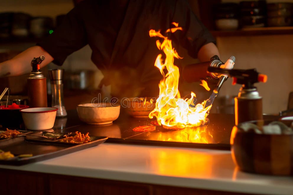 Grill Meat with Torch by Chef, Fire Stock Image - Image of cook, grill ...