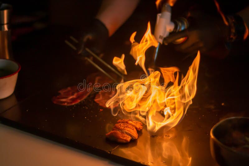 Grill Meat with Torch by Chef, Fire Stock Photo - Image of cooking ...