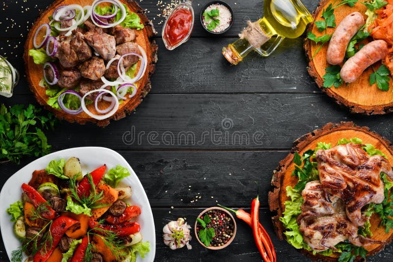 Grill Menu. Steak, Barbecue, Sausages. Top View Stock Photo - Image of ...