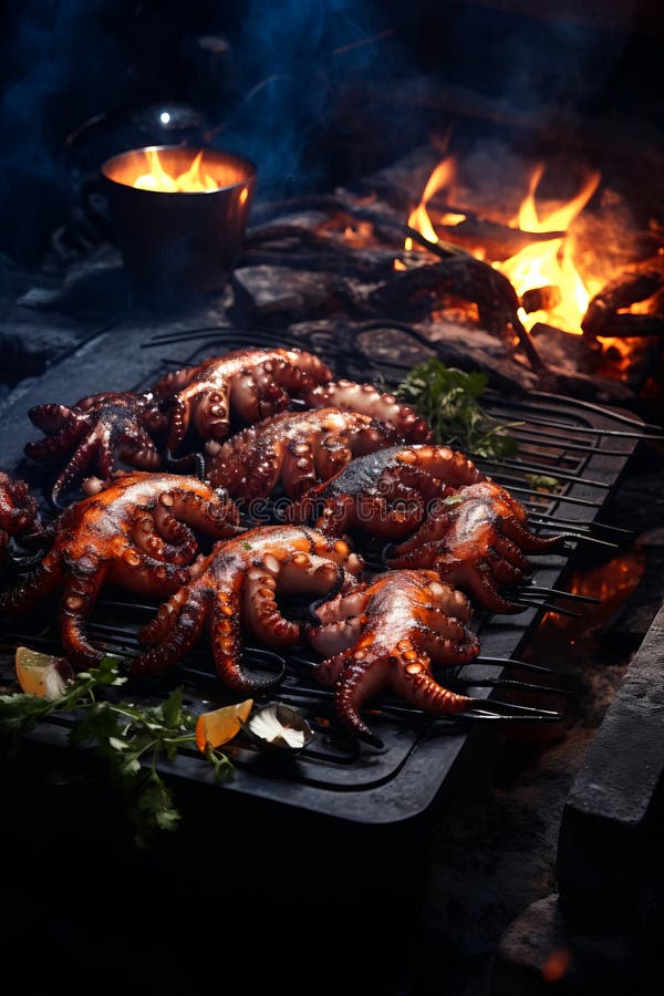 Grill with Octopus on it and Flames in the Background,. Generative AI ...