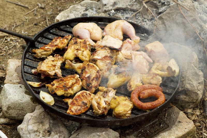 Grill Over Open Fire with Meat and Chicken Stock Photo - Image of ...