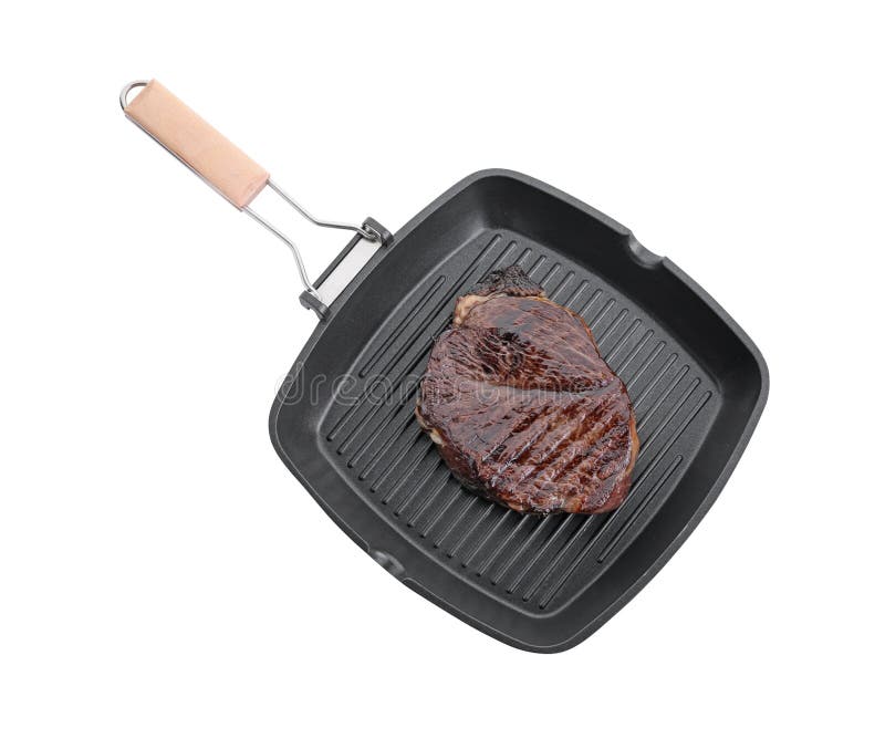Grill Pan with Delicious Fried Beef Meat Isolated on White, Top View ...