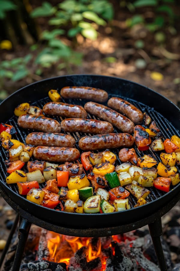 A Grill with Sausages and Vegetables Cooking on it Over an Open Fire ...