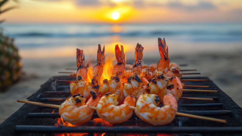A Grill with Shrimp on it Sitting Next To a Beach, AI Stock Photo ...